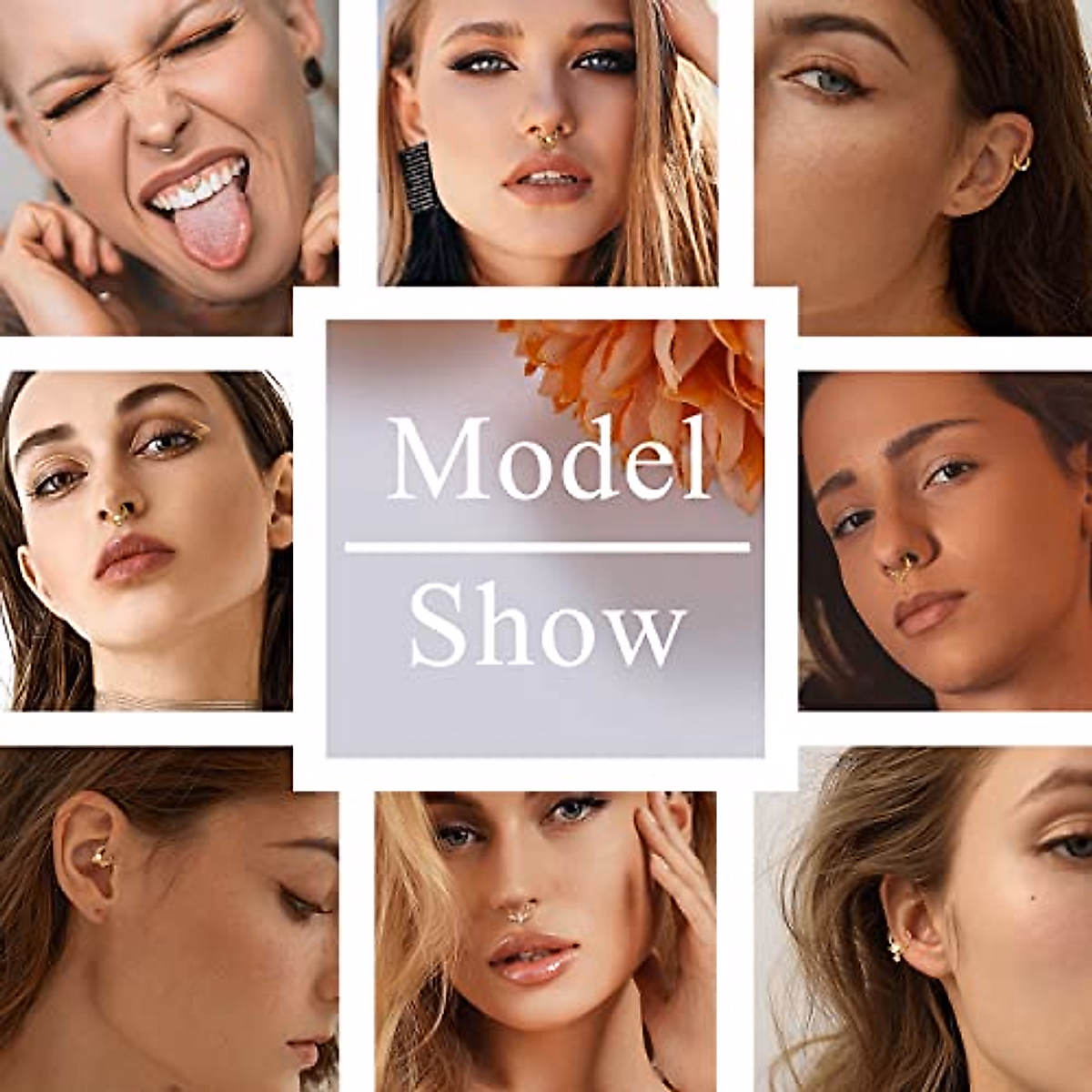 SAILIMUE 8Pcs 16G Septum Rings Daith Earrings Septum Piercing Jewelry 316L Stainless Steel CZ Opal Dangle Hinged Segment Septum Clicker Nose Rings Hoop Piercing Jewelry Gold 8MM