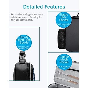 Lunch Bag for Women Men, Insulated Padded Lunch Box Container Reusable PU Leather Cooler Lunch Tote Bag with Detachable Handle and Side Pocket for Boys Girls Work, Travel, Picnic (Blue Grey Camo)