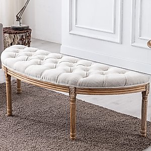 Janoray Farmhouse Upholstered Tufted Bench Wooden Half Moon Entryway Ottoman for Front Hallway Corner Window Bedroom End of Bed Living Room Coffee Table, Beige