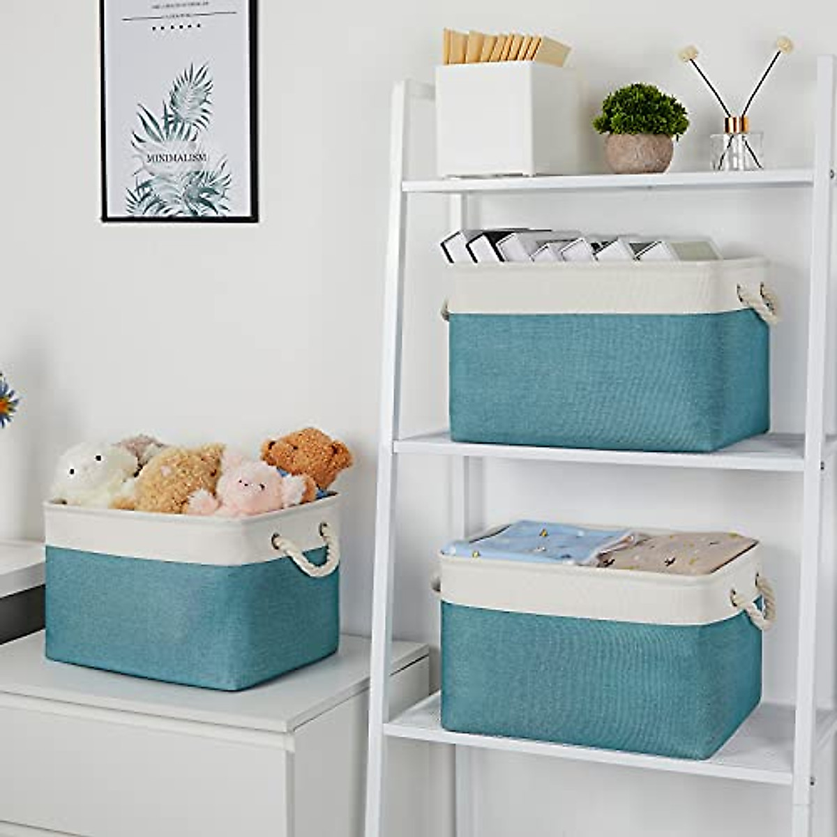 Bidtakay Set of 4 Bundled Baskets Storage Bins with Handles 15 X 11 X 9.5 Inches (White&Teal Blue)