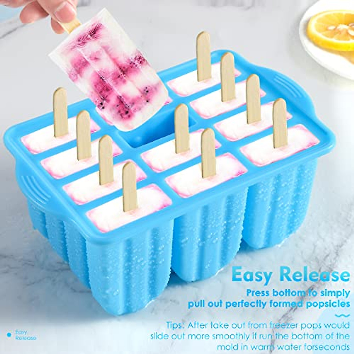 Popsicle Molds Silicone BPA-free,12 Pieces Popsicle Trays for Freezer,Homemade Ice Cream Popsicle Molds,Large Ice Pop Maker Set,Reusable Ice Lolly Mould with 100PCS Popsicle Sticks