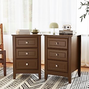 Bonnlo Nightstands Set of 2, 3 Drawer Night Stand for Bedroom with Metal Knobs, Wooden Bedside Table, Brown Nightstand/End Table/Side Table for Small Spaces, College Dorm, Kids' Room, Living Room