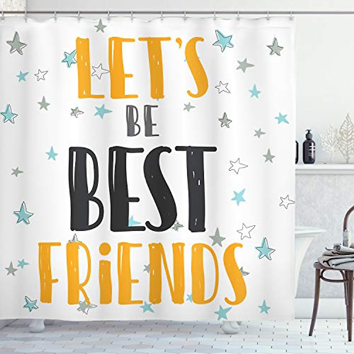 Ambesonne Best Friend Shower Curtain, Long Bold Font with Pastel Cold Toned Stars on The Backdrop Let's Be Friends, Cloth Fabric Bathroom Decor Set with Hooks, 69" W x 70" L, White Orange