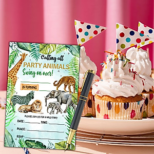 KFNER Calling All Party Animals Birthday Invitations, Safari Animals Birthday Party Invitation Card, Zoo Birthday Party Favors & Celebration Supplies(20 Set of Invitations with Envelopes)-B15