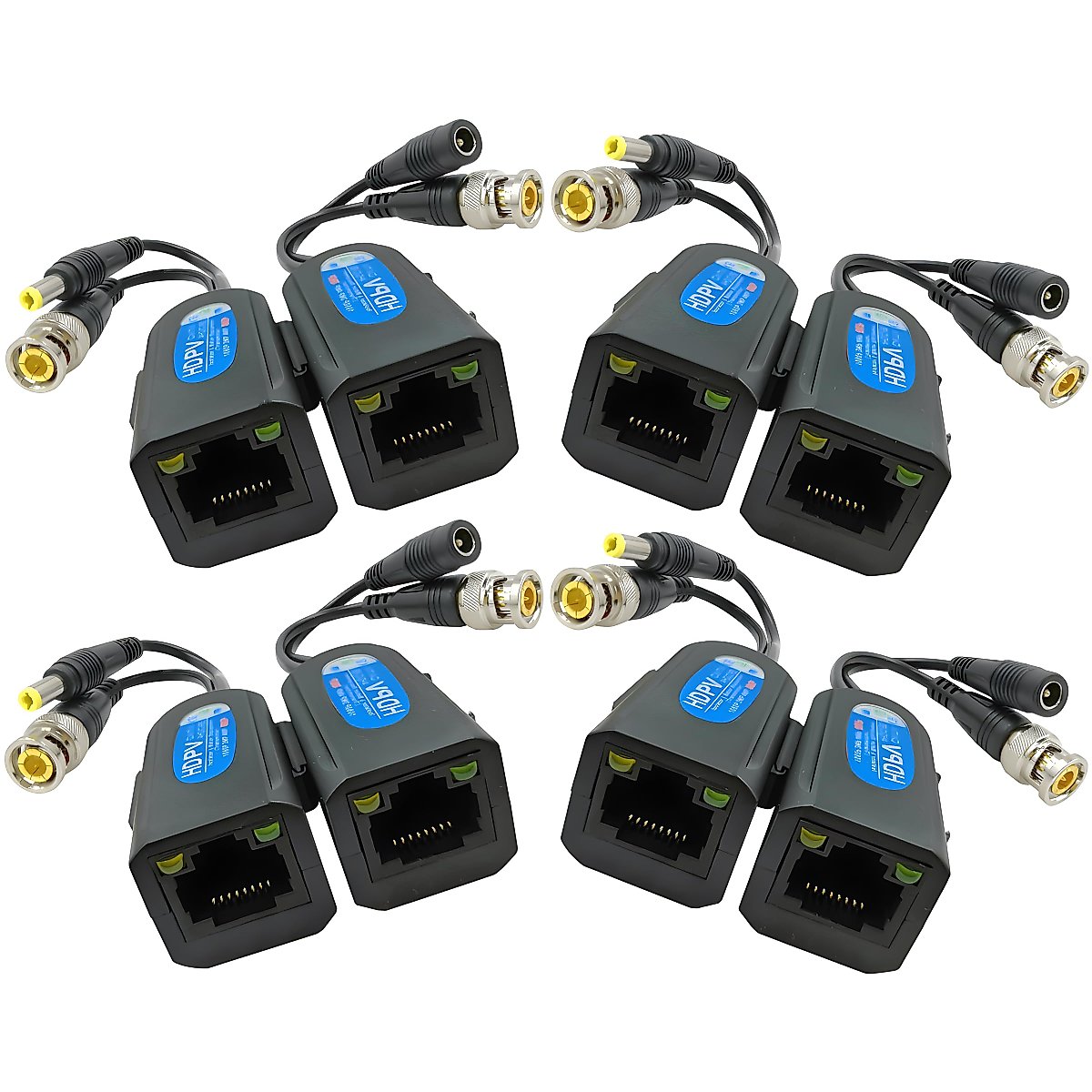 SGUESIKR 4 Pair BNC to RJ45 Passive Video Balun with Power, Cat5e/Cat6 to BNC Adapter, 1080P-8MP Analog Surveillance Camera Ethernet Cable Transceiver - Compact, Ground-Loop Isolated