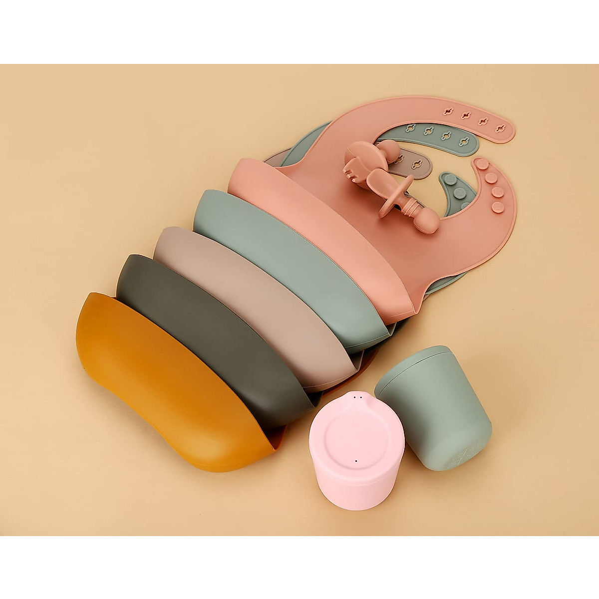 AULEGE Silicone Baby Bibs Set of 2, Spoon Fork, BPA Free Soft Durable Adjustable Waterproof Silicone Feeding Bibs for Babies and Toddlers 6+month (Muted/Peach)