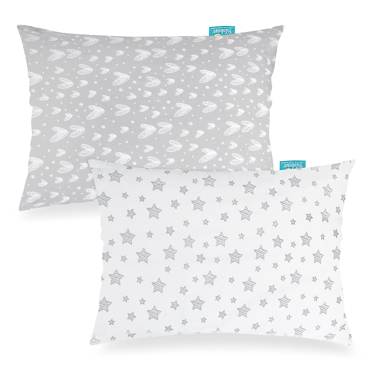 Biloban Organic Cotton Youth Pillowcase 2 Pack, (Pillowcase Only) Kids Pillowcase for Sleeping Fit Pillow Sized 16" x22“, Envelope Travel Pillowcase for Girl Boy, Gray Heart & White Star