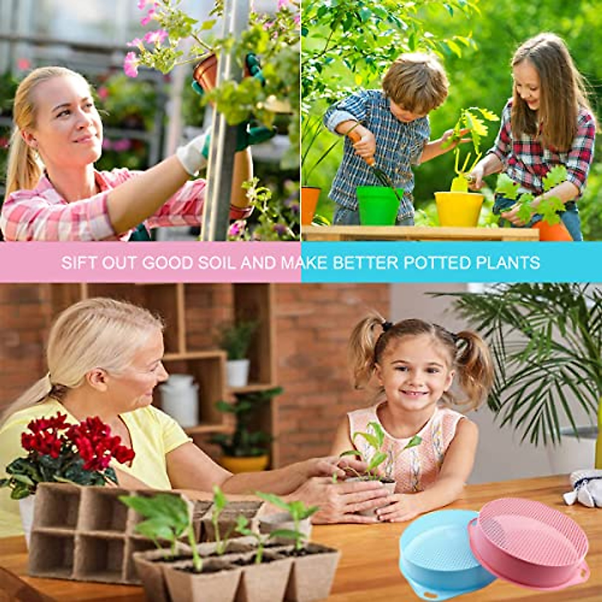 LNQ LUNIQI 2Pcs Round Garden Soil Sieve with Handle,Plastic Mesh Soil Sifter Set for Sieve Work of Small Gravel, Soil, Sand (Pink,Blue