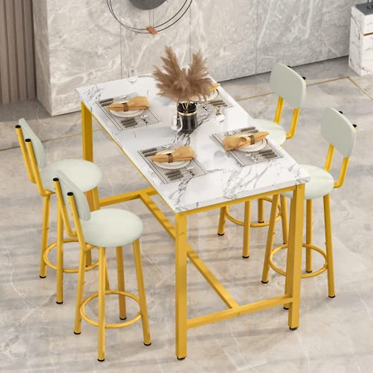 AWQM Faux Marble Dining Table with 4 PU Upholstered Chairs, 5-Piece Breakfast Table Bar Table and Backrest Chairs with Footrest, Kitchen & Dining Room Set for 4, Space Saving Furniture (White & Gold)