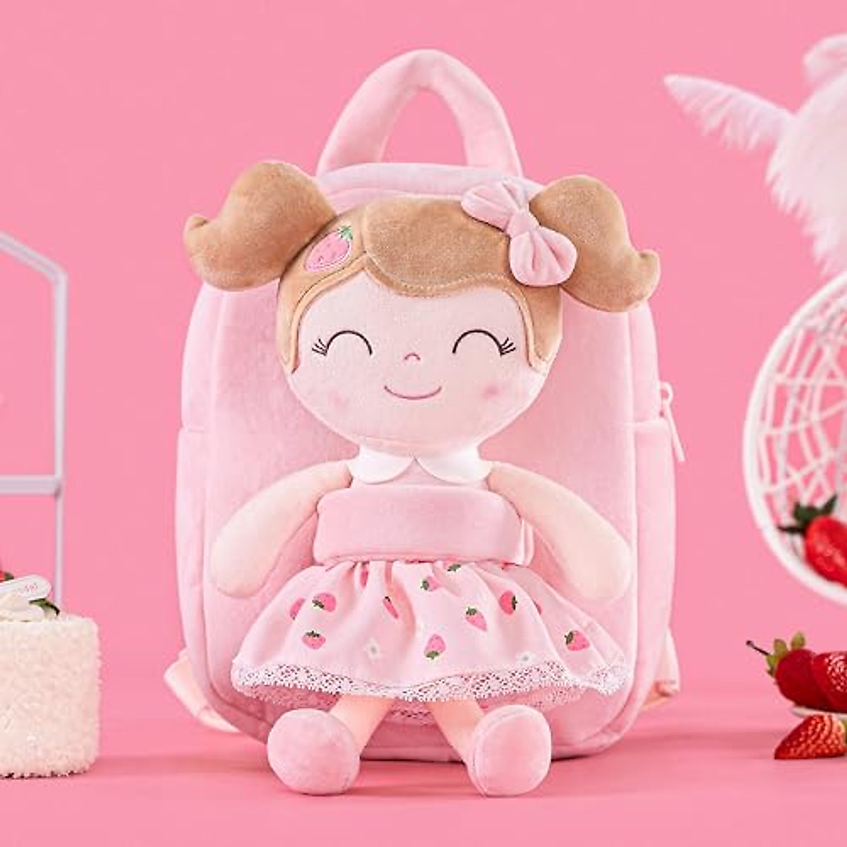 Gloveleya Kids Backpack for Girls backpacks Plush bag with Soft doll for Toddler baby Strawberry 9 Inches