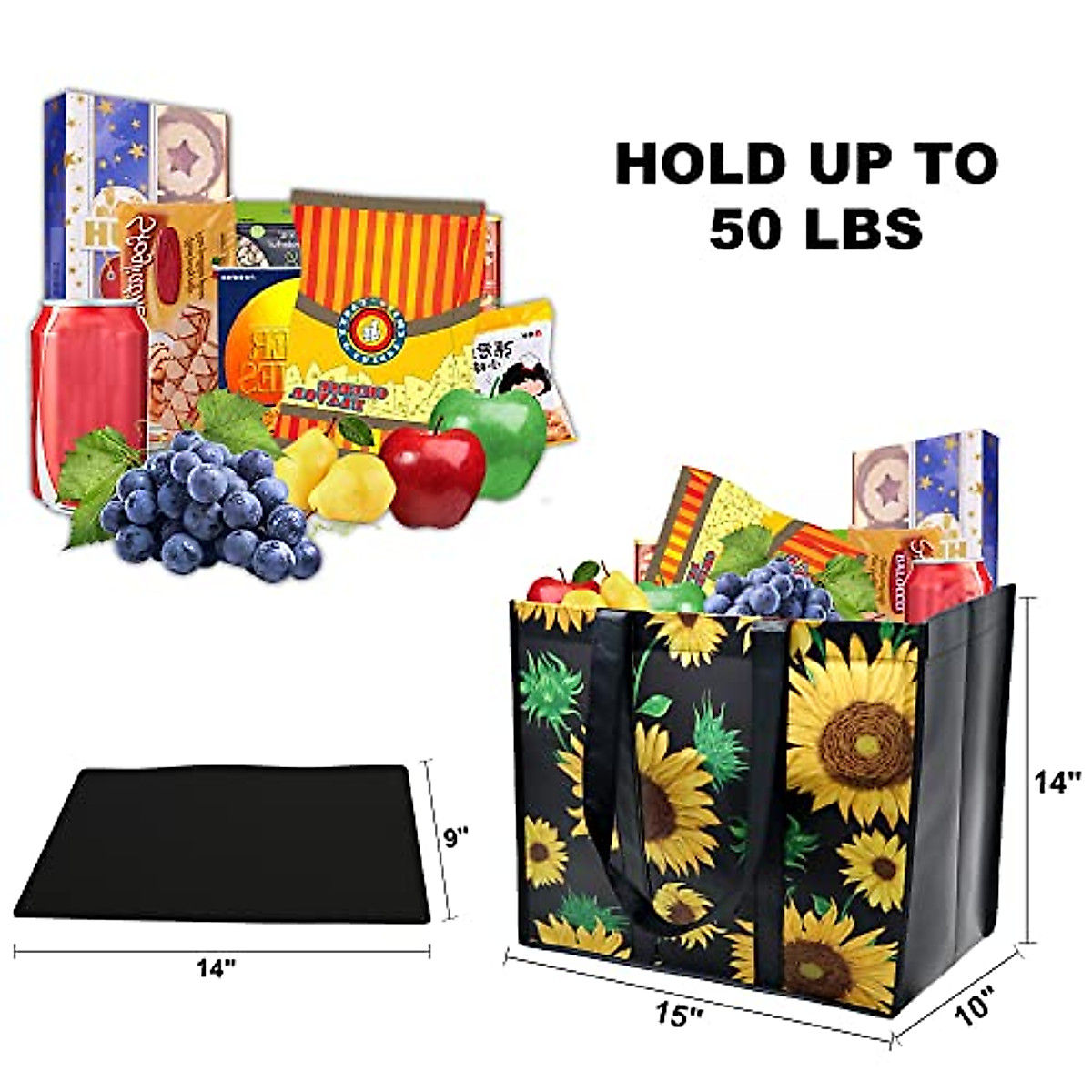 BeeGreen Flowers Extra Large Tote Bag Reusable Bags 12 Pack with Reinforced Handles And Removable Bottom Foldable Bulk for Christmas Kitchen Groceries Heavy Duty Shopping Bags Reusable Produce Bags