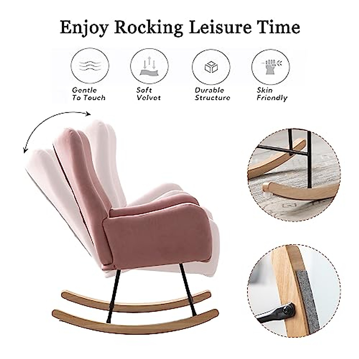 Bonzy Home Velvet Rocking Accent Nursery Chair Small Upholstered Glider Rocker Chair for Baby Nursery Padded Seat with High Backrest Armchair Comfy Side Chair Bedroom Living Room Chair, Pink