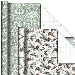 Hallmark Recyclable Neutral Christmas Wrapping Paper (4 Rolls: 100 Sq. Ft. Ttl) White and Sage Green Evergreen Pinecones, Rustic Snowmen, Plaid, Nordic Deer and Foliage