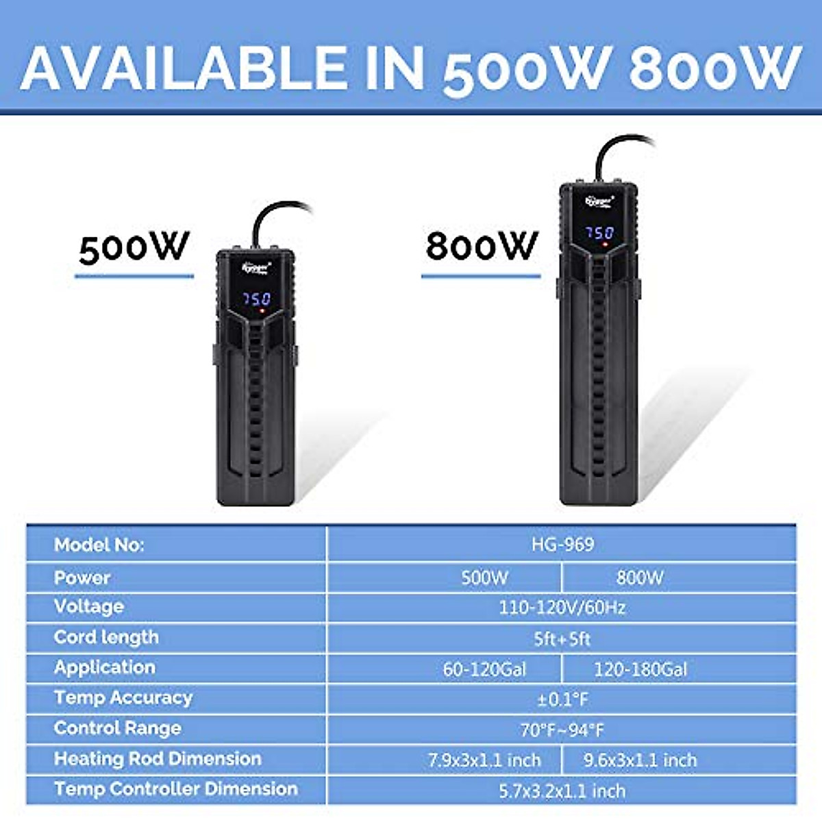 hygger 60-120 Gallon Aquarium Heater with Digital Temp Controller Shatterproof Titanium Tube 500W Submersible Fish Tank Heater for Freshwater