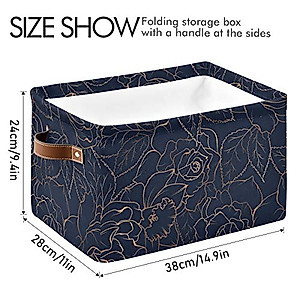 AGONA Navy Blue Gold Rose Peony Floral Foldable Storage Bin Large Collapsible Fabric Storage Box Organizer Containers Baskets with Leather Handles for Shelves Home Bedroom Organizer Nursery Office 2 P