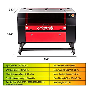 OMTech 60W CO2 Laser Engraver and Cutter, 60W 20"x28" Laser Engraving and Cutting Machine with Autofocus, Air Assist, 2 Way Pass, RDWorks, LightBurn Software for Windows Mac OS Linux
