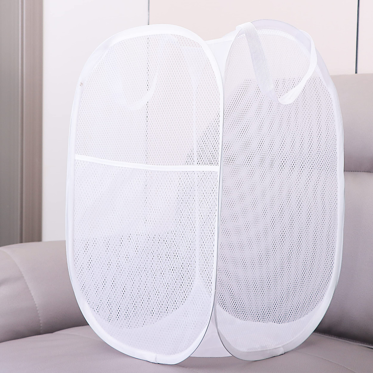 2 Pack Laundry Basket,Foldable Mesh Popup Laundry Hamper with Durable Handle,Easy to Open and Fold for Dorm, Laundry Room, Bedroom, RV(White+ White)…