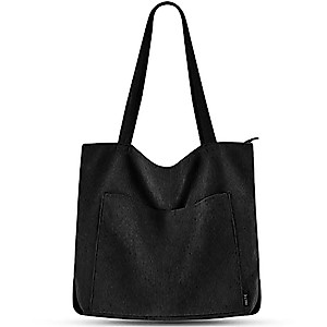 Prite Corduroy Tote Bag for Women Large Shoulder Bag with Zipper and Pockets for College School Work Travel Shopping (Black)