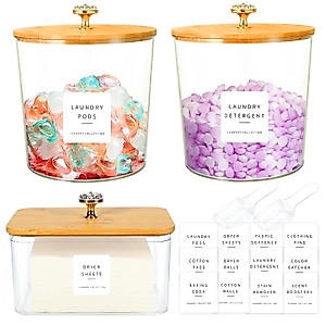 3 Pack Laundry Room Organization and Storage Jars Laundry Pod Containers and Dryer Sheet Holder with Lids and Labels for Laundry Detergent Laundry Pods Dry Sheet Organizing and Food Storage