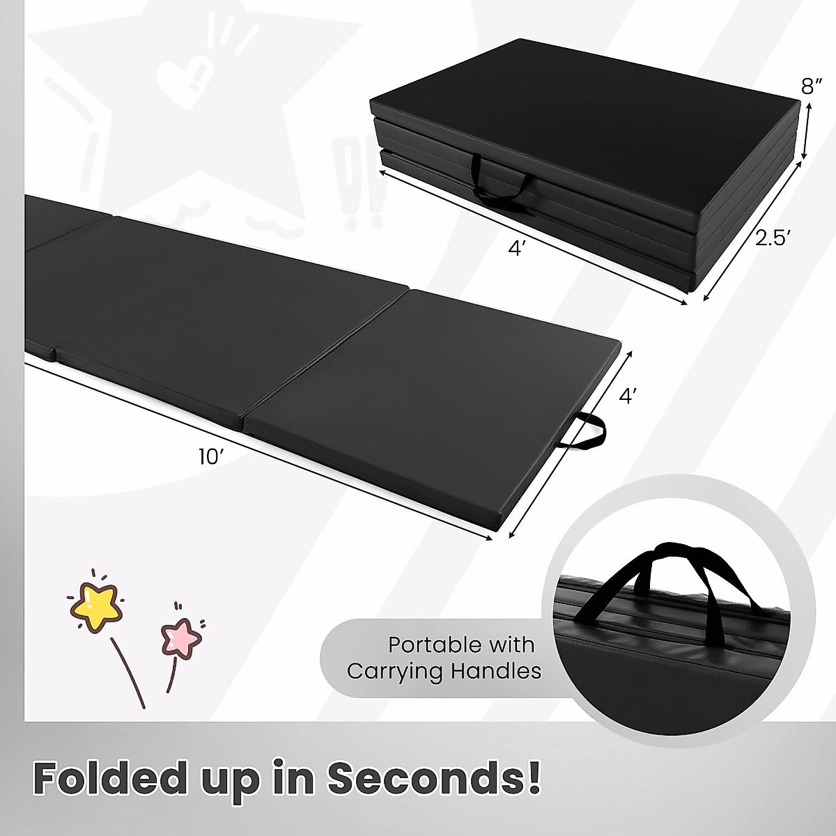 Giantex 4'x10'x2" Gymnastics Mat Folding Panel Thick Gym Fitness Exercise Christmas Gift (Black)