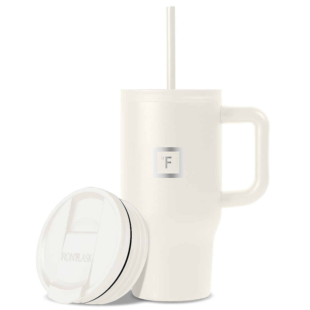 IRON °FLASK Co-Pilot Insulated Mug w/Straw & Flip Cap Lids - Cup Holder Bottle for Hot, Cold Drink - Leak-Proof- Water, Coffee Portable Travel Tumbler - Cashmere Cream, 16 Oz