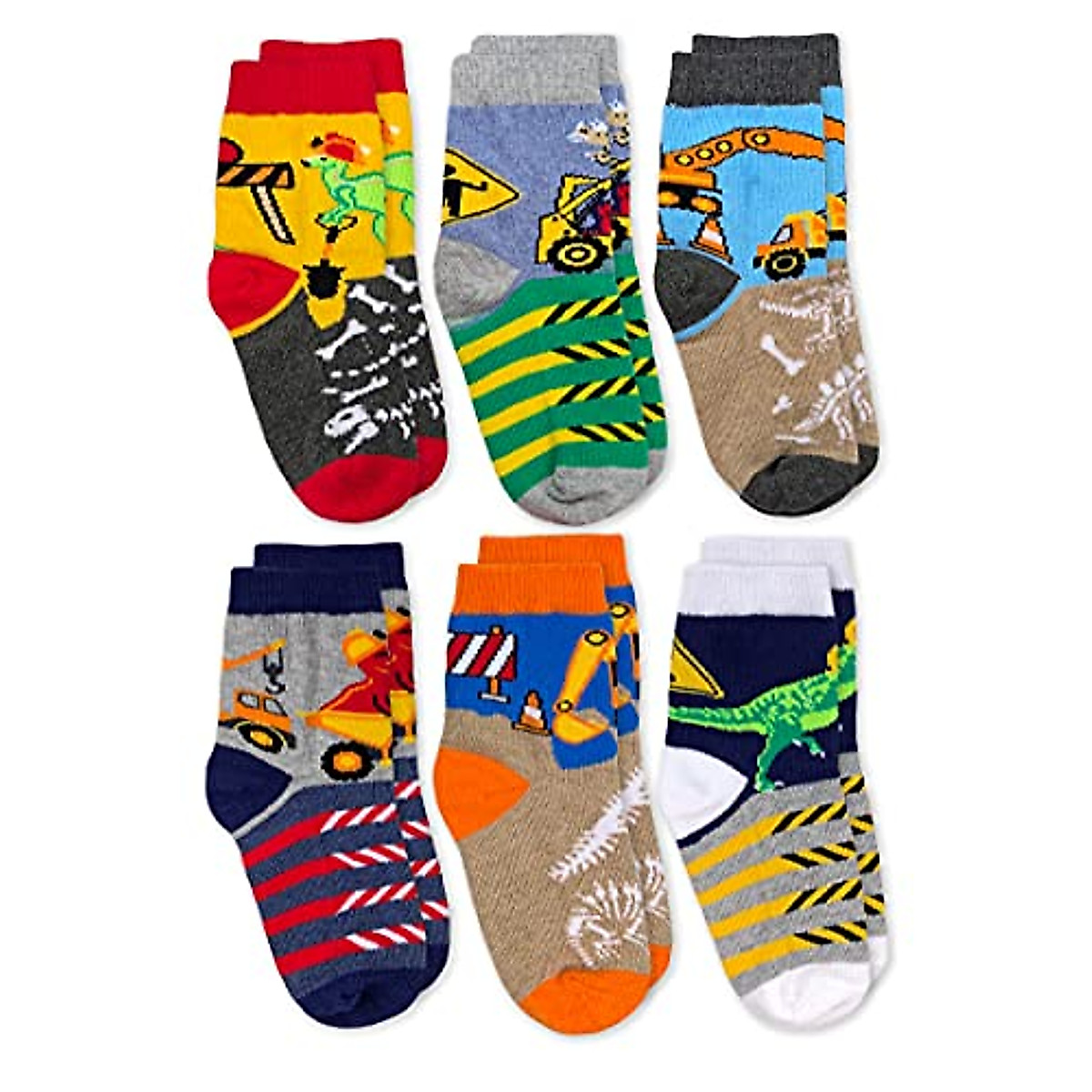 Jefferies Socks Boy's Dinosaur Construction Crew Socks 6 Pack, Multi, Small