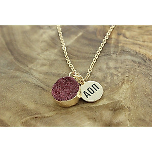 Sorority Shop AOP Necklace - Alpha Omicron Pi Red Druzy Gemstone Necklace With Engraved Pendant – 14K Gold Dipped Jewelry with Red Gemstone – Sorority Gift, Charm Paraphernalia