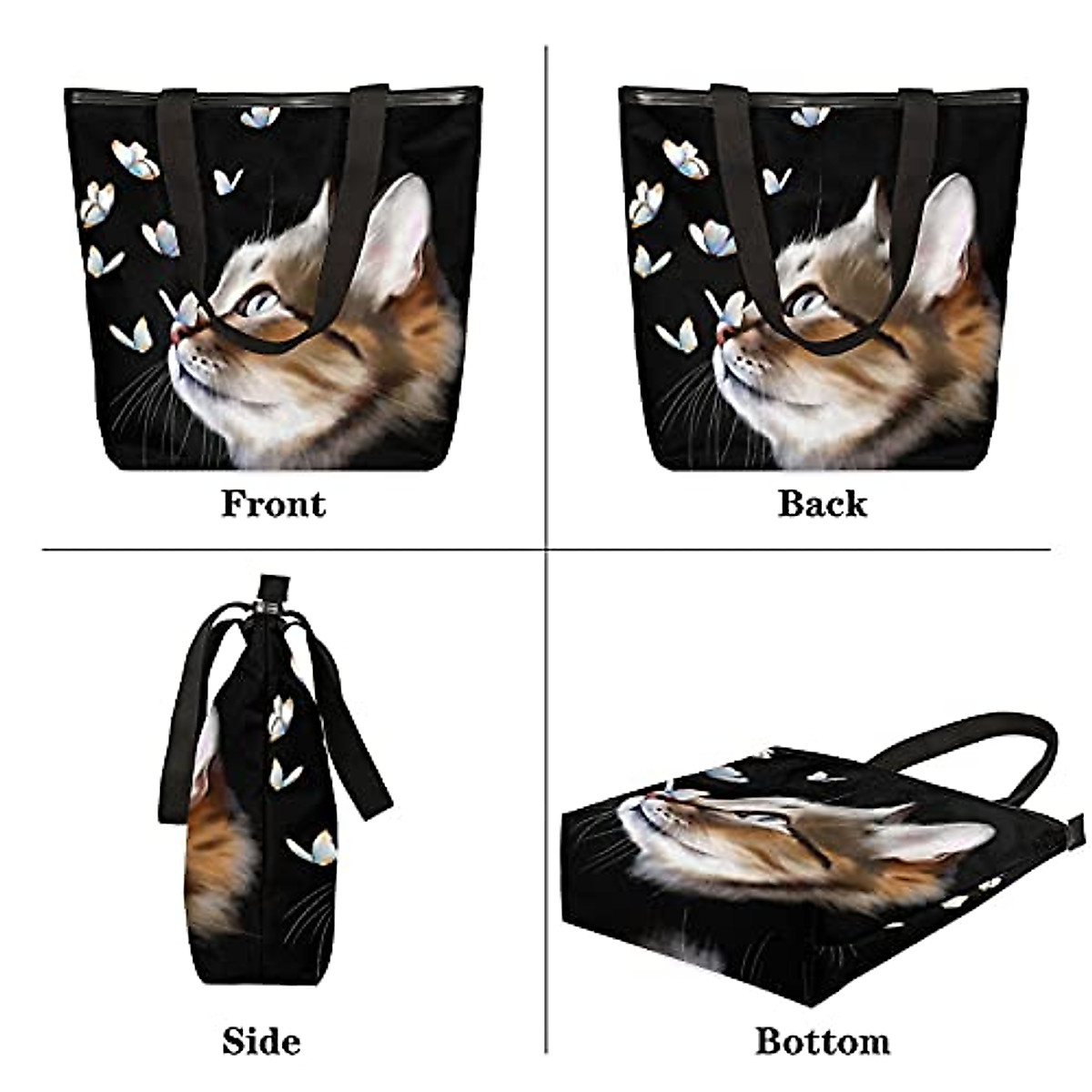 Cat Kitten Canvas Tote Bag for Women Reusable Grocery Bag with Zippered Top Butterfly Grocery Shopping Bags Beach Bag Book Bags Small