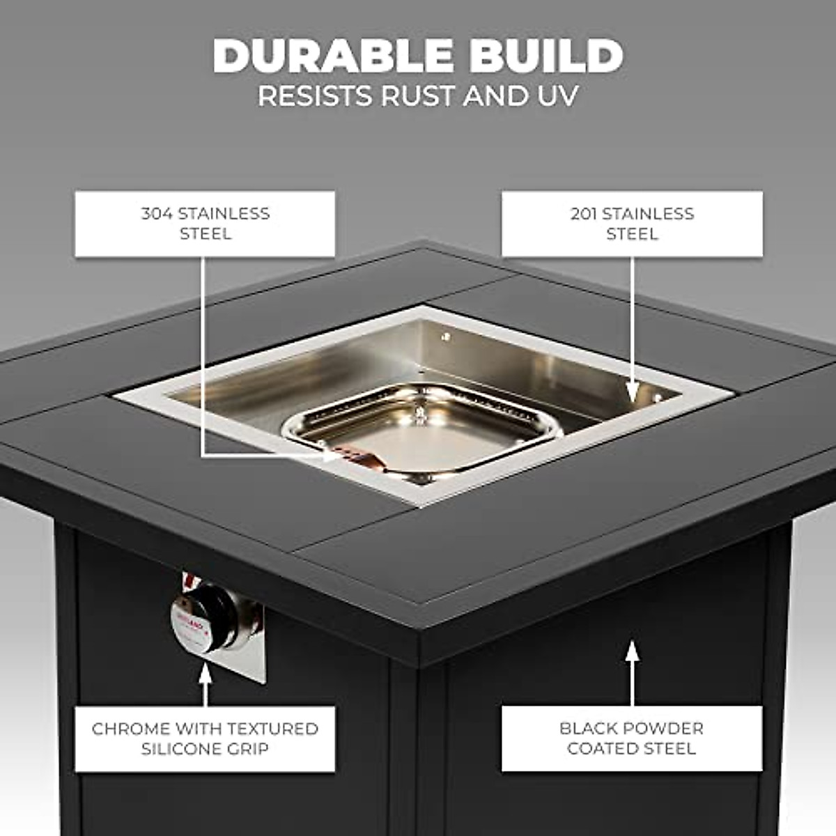 Outland Living Main Street 430 Model Square Fire Pit Table for Outside Patio – 28" Compact Outdoor Propane Gas Fire Table, Black – with Glass Rocks Set, Pre-attached 1m Hose and Regulator