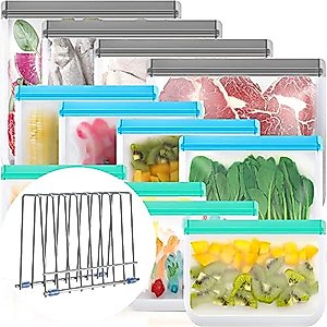 Reusable Ziplock Bags Silicone, Leakproof Reusable Freezer Bags, BPA Free Reusable Food Storage Bags for Lunch Marinate Food Travel, 4 Gallon 4 Snack 4 Sandwich Bags 1 Drying Rack