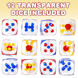 ArtCreativity 6-Sided Transparent Dice Set of 12, Oversized 1 Inch Clear Dice with Colored Dots, Fun Six-Sided Gaming Dice for Farkle, Ten Thousand, Cho-Han and Other Dice Games