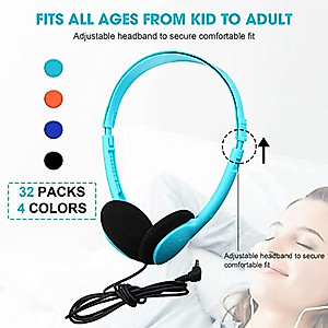 32 Pack Headphones Student Headphone Adjustable on Ear Headphone Library Headphone Wire Classroom Headphone with 3.5 mm Headphone Plug for Boys Girls Adults School (Light Blue, Orange, Blue, Black)