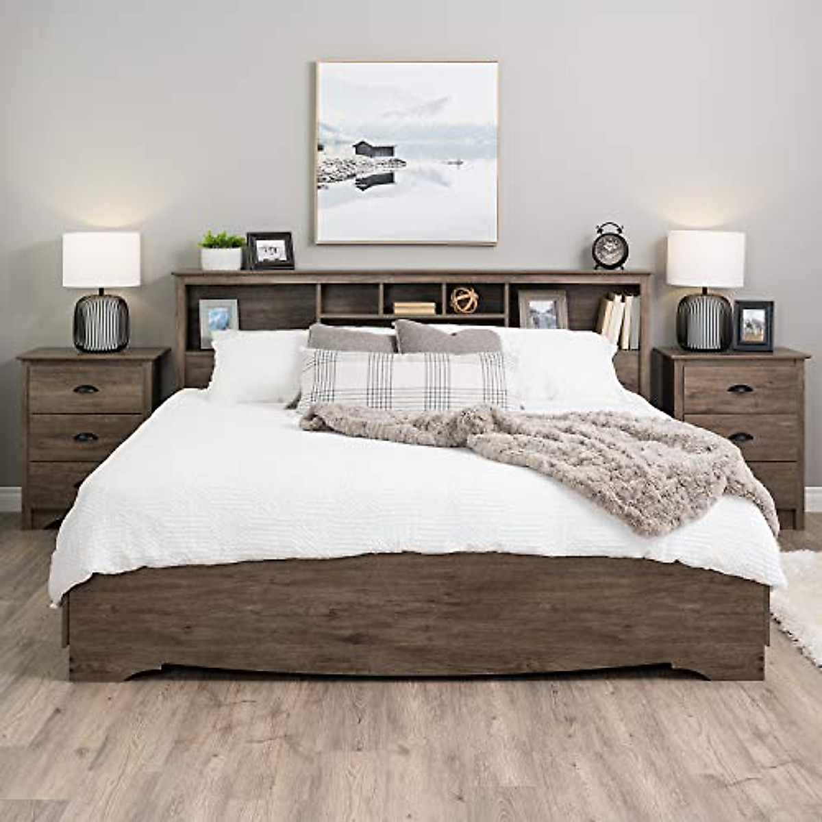 Prepac King Size Bed Headboard: Stylish Drifted Gray King Headboard with Bookcase for King Size Beds, Freestanding (81.5" W x 43" H x 11" D) - DSH-8445