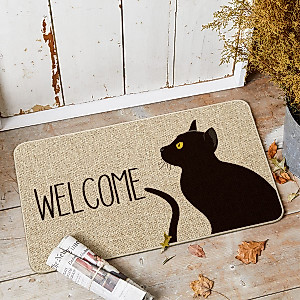 Artoid Mode Black Cat Welcome Decorative Doormat, Pet Halloween Floor Mat Switch Mat for Indoor Outdoor 17 x 29 Inch