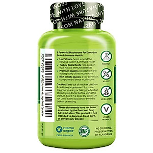 NATURELO Mushroom Supplement – Brain & Immune Health Blend with Lion’s Mane, Reishi, Turkey Tail – 90 Vegan Friendly Capsules