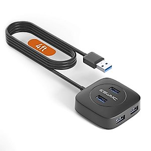 Eswmc 4-Port USB 3.0 Hub Long Cable, USB Hub with 4 ft Extended Cable with Power Supply Port[Charging Not Supported] for MacBook, Mac Mini, iMac, Surface Pro, XPS, PC, Flash Drive, Mobile HDD