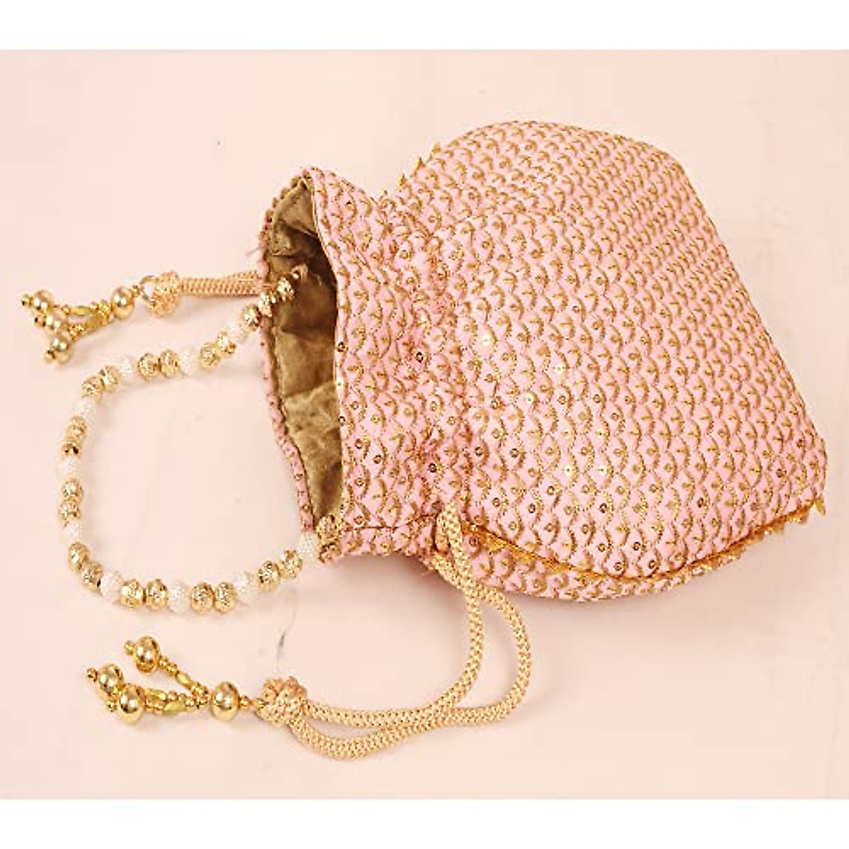 Indtresor beaded handcrafted brocade evening purse drawstring handbag vintage party wedding gift for women. Light Pink Gold