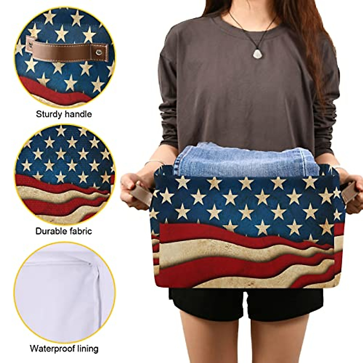 America Usa Flag Storage Basket Large Collapsible Storage Cube Bin Rectangular Laundry Organizer with Leather Handles for Nursery Shelf Bedroom Home, 1Pc