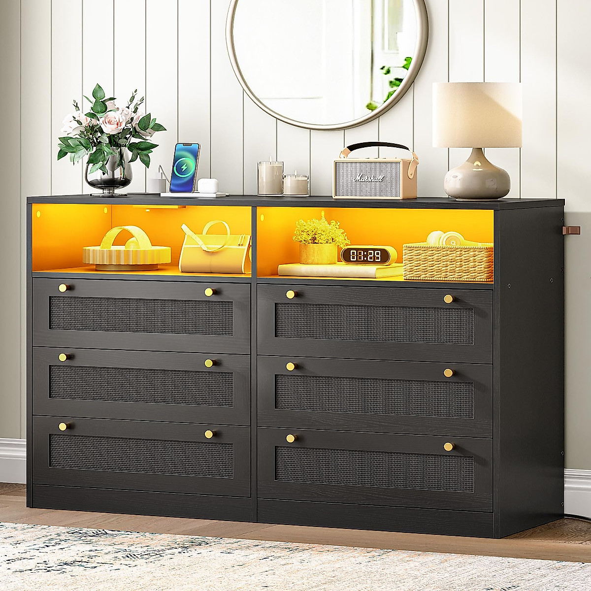 HOOBRO 6 Drawer Dresser with LED Lights and Charging Station, Black Rattan Dresser for Bedroom, Rattan Chest of Drawers,15.7" Wide LED Dresser, with Open Storage, Wooden Dresser for Closet, Black