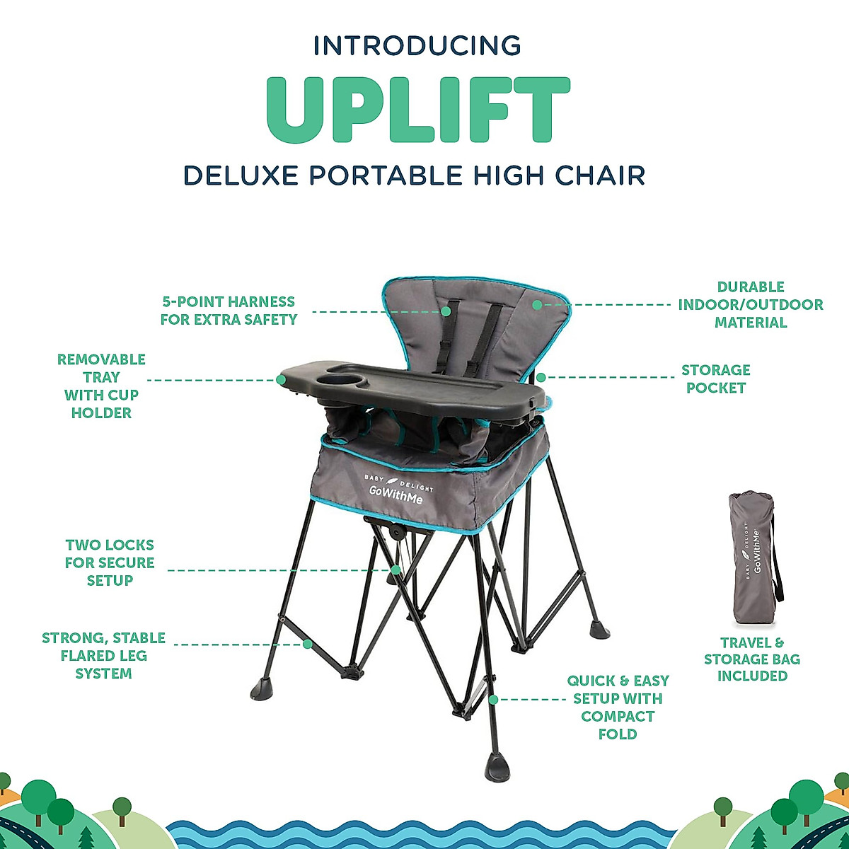 Baby Delight Go with Me Uplift Deluxe Portable High Chair, Indoor and Outdoor,Slate Grey