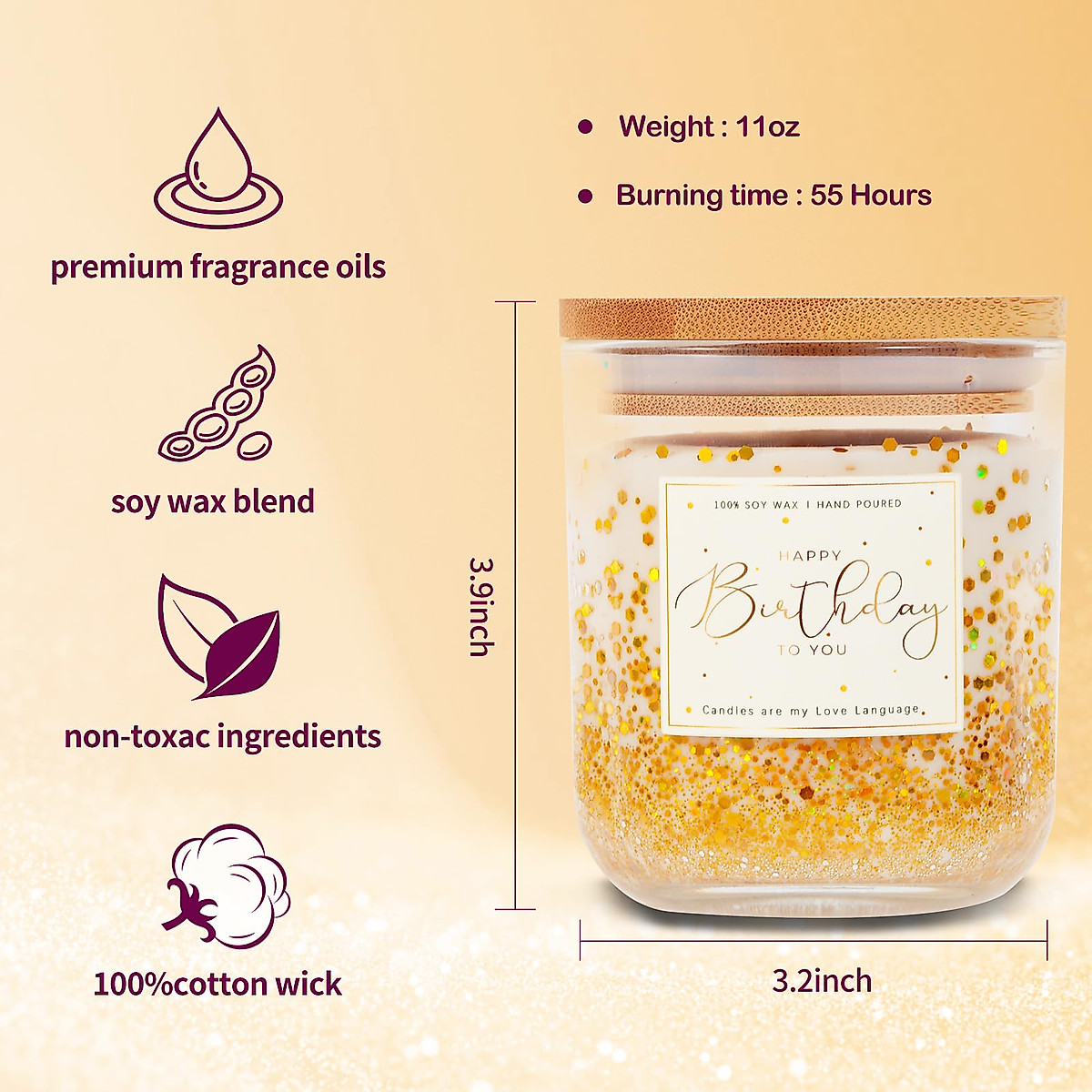 Birthday Gifts for Women-11oz Vanilla Scented Candle with Golden Glitter, Unique Birthday Gifts for Friends, Bestie, Mom, Sister, Coworker Happy Birthday Candle