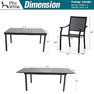 PHI VILLA Outdoor Patio Dining Table and Chairs Set of 9 Pieces Patio Furniture Set Metal Expandable Dining Table 8 Wrought Iron Stackable Chairs for Bistro Backyard