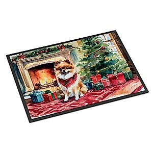 Caroline's Treasures DAC2723MAT Pomeranian Cozy Christmas Doormat Front Door Mat Indoor Outdoor Rugs for Entryway, Non Slip Washable Low Pile, 18H X 27W