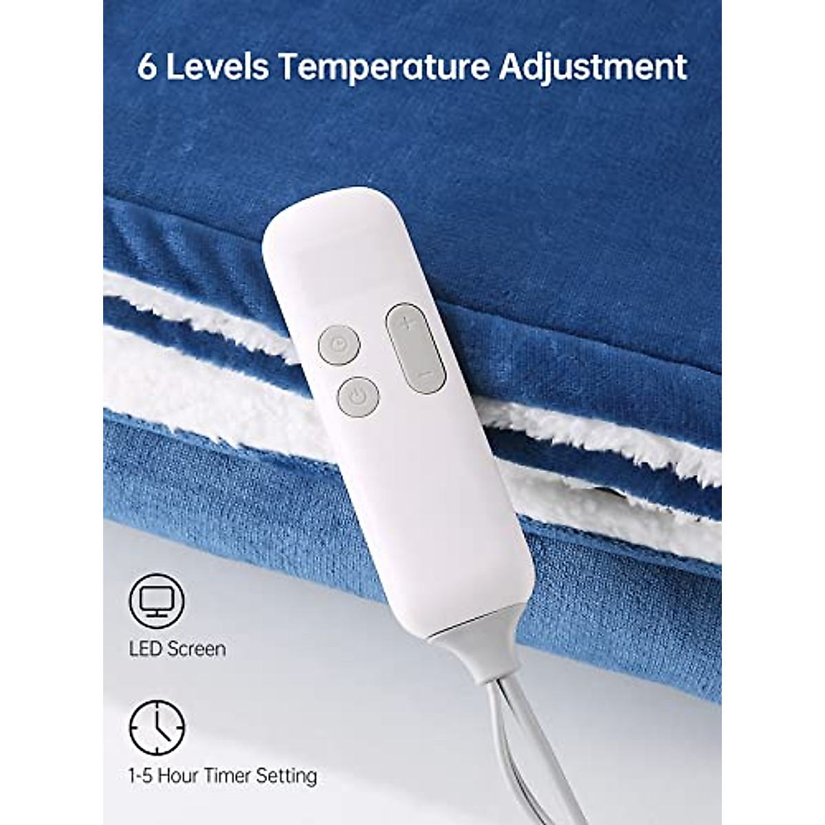 Electric Blanket 50" x 60" Heated Throw Flannel & Sherpa Fast Heating Blanket with 6 Heating Levels & 5 Hours Auto Off, Home Office Use, Blue & White
