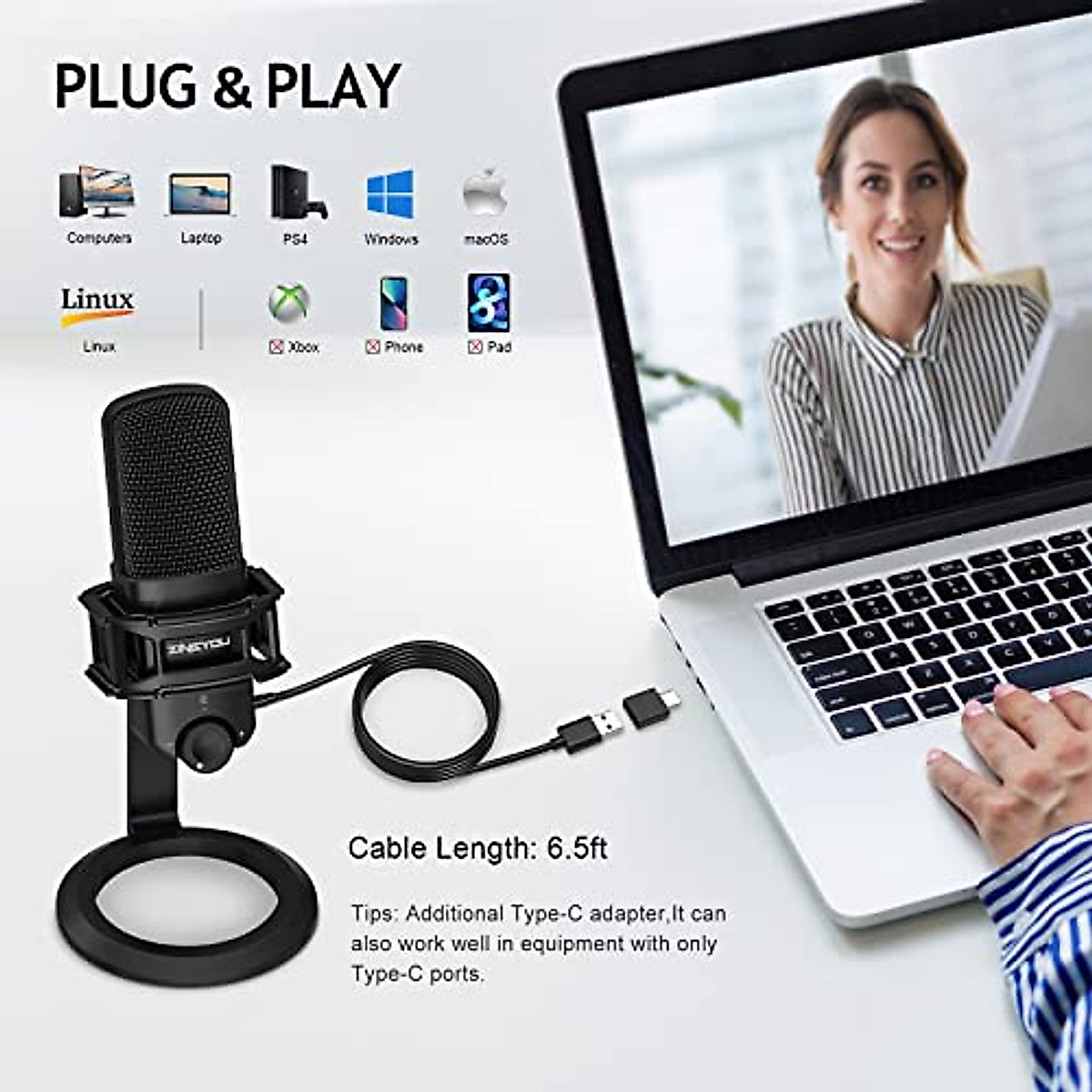 ZINGYOU USB Microphone for Computer, Condenser Desktop Mic Plug & Play with Mic Gain, Mute Button and Headphone Port for PC Recording, Gaming, Streaming, YouTube, Twitch, Voice Over, ZY-UD2 (Black)