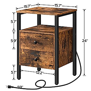 HOOBRO End Table with Charging Station and USB Ports, Side Table with Drawers and Storage Shelf, Set of 2, Bedside Table for Small Spaces, Living Room, Rustic Brown BF431BZP201