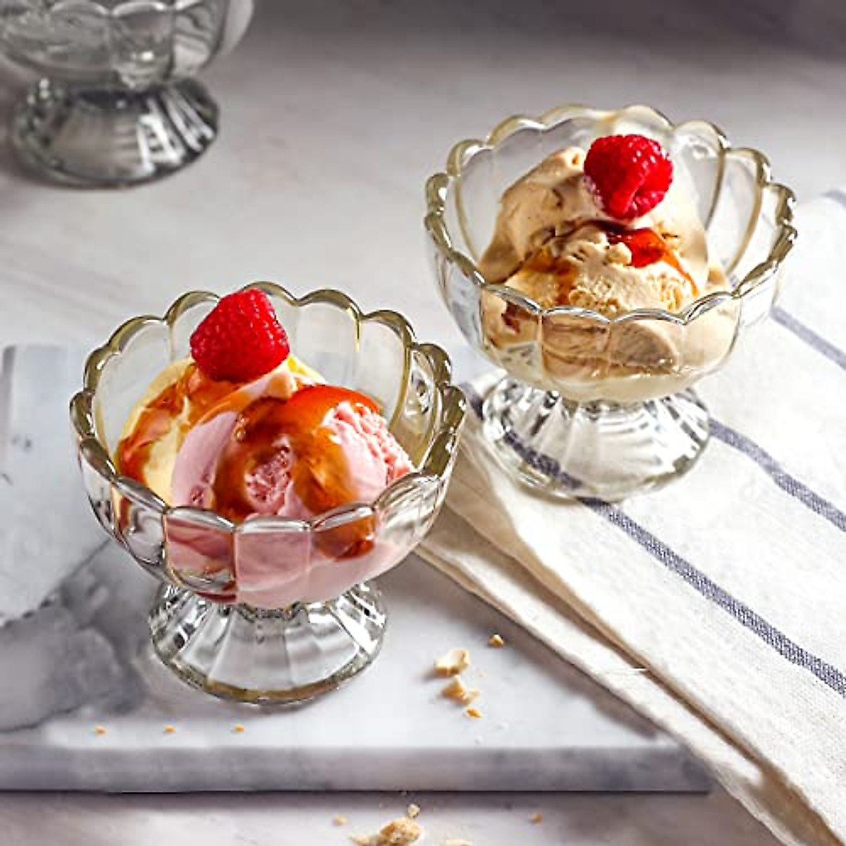 KMWARES 6PCs Set 5.6oz Small Cute Footed Tulip Glass Dessert Bowls/Cups - Perfect for Dessert, Sundae, Ice Cream, Fruit, Salad, Snack, Cocktail, Condiment, Trifle and Christmas Holiday Party (Clear)