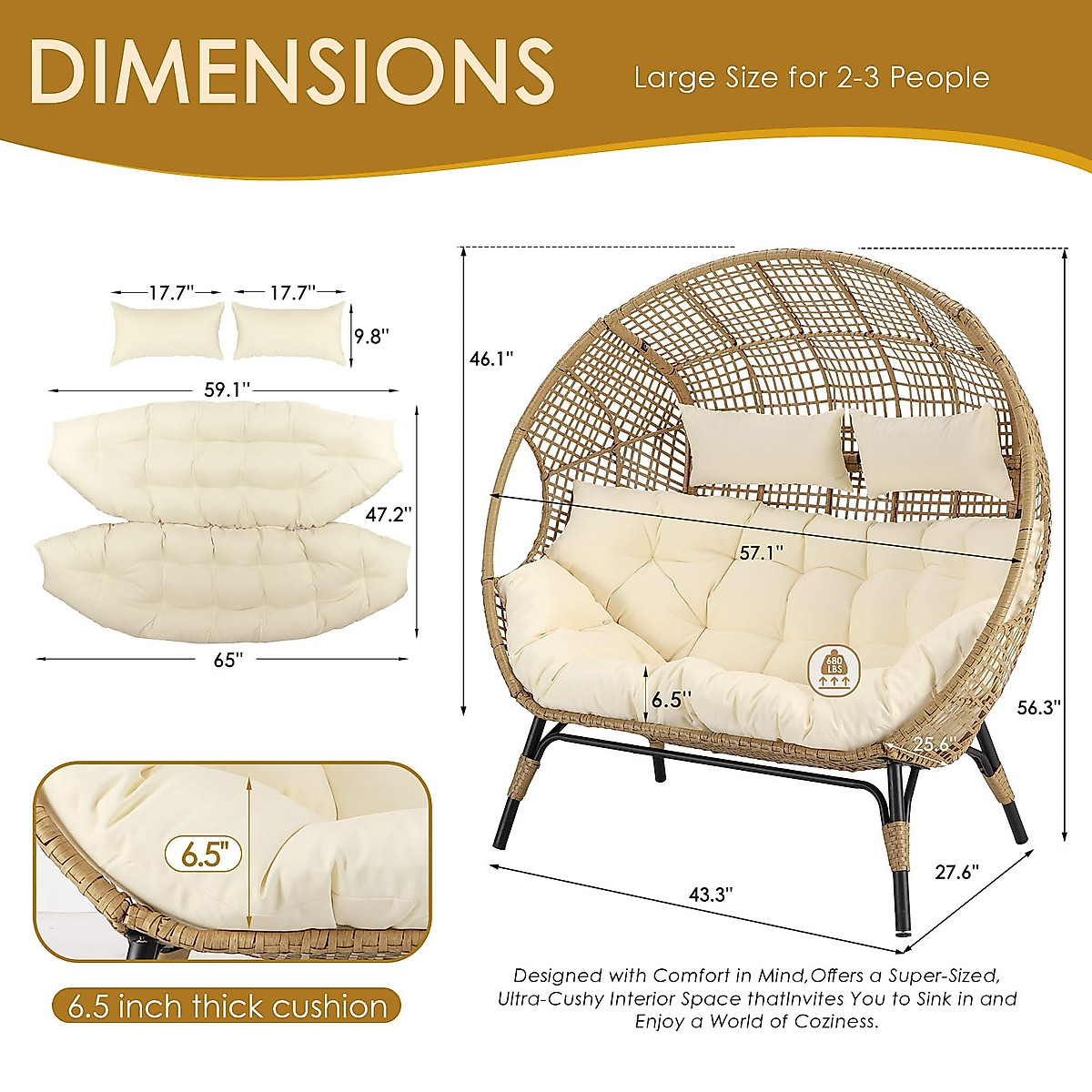 NICESOUL® Double Egg Chair Indoor Outdoor Stationary Oversized Thicken Padded Cushions,2 Person Egg Loveseat Chair,680 lbs Extra Large Lounge Chair for Patio Balcony Porch Backyard Beige