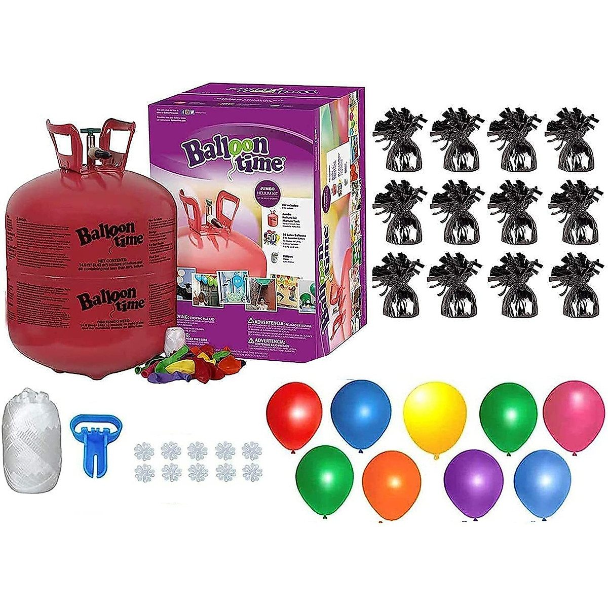 BLUE RIBBON, Helium Tank with 50 Balloons and White Ribbon + 12 Black Balloon Weights + Plus Balloon Tying Tool