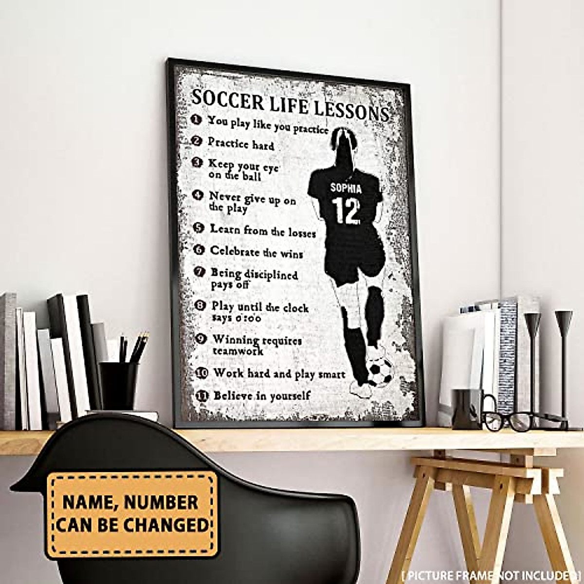 365FURY Soccer Life Lessons Poster with Personalized Name and Number Wall Art For Girls Room Perfect Gifts For Birthday Anniversary Holidays Rustic Picture Without Frame